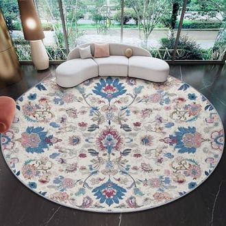 Generic Tapis Rond 120 cm, Rose Bleu Salon Chambre Rug Lavable en Machine Tapis Chambre Adulte Doux Style Traditionnel Motif Sym&eacute;trie Descente de Lit Antid&eacute;Ra