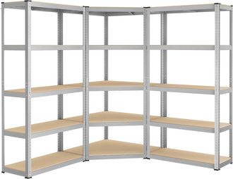 Songmics Eckregal-Set 5 Ebenen, Schwerlastregal, Metall, Lagerregal für Garage, Abstellraum, Kellerregal, bis 2625 kg belastbar, silbern-naturbeige GLR070E03