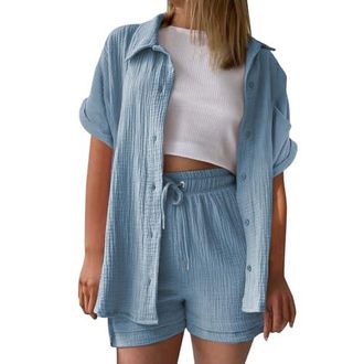Generic Ensemble chemise et short pour femme - Ensemble 2 pi&egrave;ces pour femme - Tenue d&eacute;t&eacute; d&eacute;contract&eacute;e - Surv&ecirc;tement pour femme - Costumes de loisirs - Ensembl