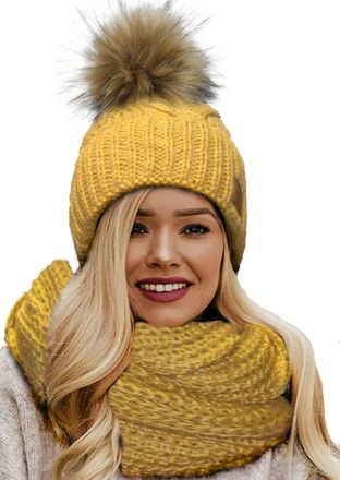 4sold M&uuml;tze & Schal Schlauchscha Damen Gerippt Winter Beanie mit Fleece Strickm&uuml;tze Mohair Wolle Wurm mit Faux Fell-Bommel Bommel Pom Pom Strick Gef&uuml;ttert -