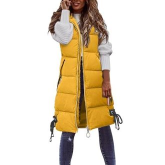 Generic Gilet bouffant dhiver chaud et long matelass&eacute; sans manches avec poches tendance &agrave; fermeture &eacute;clair - Manteau bouffant long pour femme, jaune, 3XL