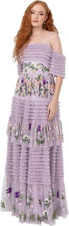 Maya Womens Ladies Maxi Dress Off-the-Shoulder Bardot Spaghetti Strap Floral Embroidered Tiered Ruffle Tulle Wedding Guest Lilas 38