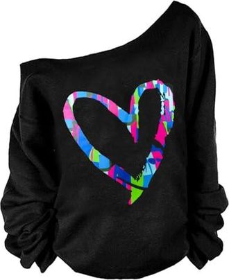 Generic Chemises de Saint-Valentin Femmes Cadeau de Saint-Valentin Sexy &Eacute;paules d&eacute;nud&eacute;es Hauts Oversize Sweatshirt avec Imprim&eacute; Coeur Manches Longues Col Rond