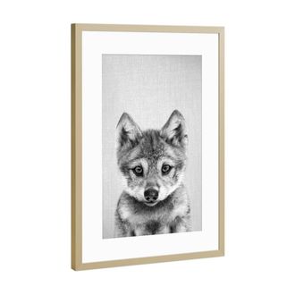 artboxONE Poster mit Rahmen Gold 30x20 cm Baby-Wolf - Schwarz & Wei&szlig; von Gal Design - gerahmtes Poster