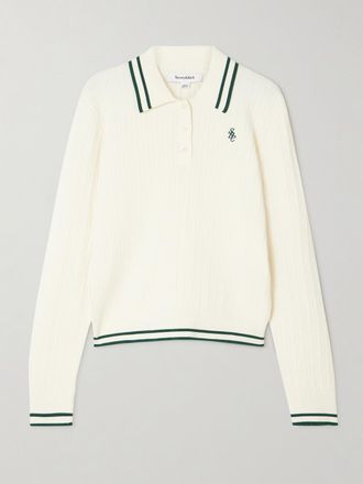 Sporty & Rich Pull Fa&ccedil;on Polo En Mailles Torsad&eacute;es &Agrave; Rayures Et &Agrave; Broderie - Blanc