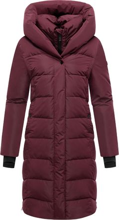 Navahoo Damen Langer Wintermantel warmer Steppmantel mit abnehmbarem Kragen-Einsatz Laubzauber 14 Wine Gr. 3XL