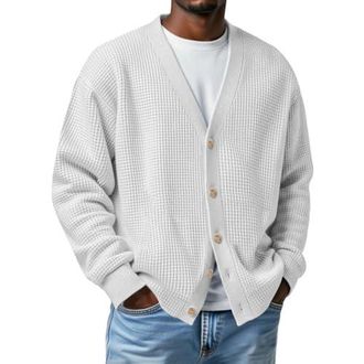 Generic Cardigan textur&eacute; gaufr&eacute; pour homme, manches longues, col en V, ouvert sur le devant, l&eacute;ger et boutonn&eacute;, blanc, XXL