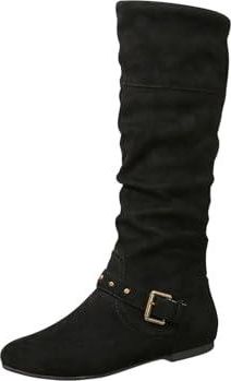 Generic Bottes montantes en daim avec boucle de ceinture et fermeture éclair pour femme, Noir, 39.5 EU