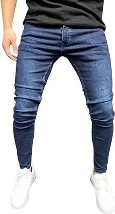 Generic Jean skinny fusel&eacute; extensible pour homme, coupe ajust&eacute;e, pantalon crayon en denim d&eacute;lav&eacute;, pantalon classique skinny, noir fonc&eacute;, XXL