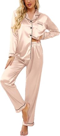 Ekouaer Schlafanzug Damen Lang Satin Pyjama Set Schlafanzug Damen Zum Knöpfen Lange Schlafanzüge Hausanzug Sleepwear mit Taschen,Champagner,XXL