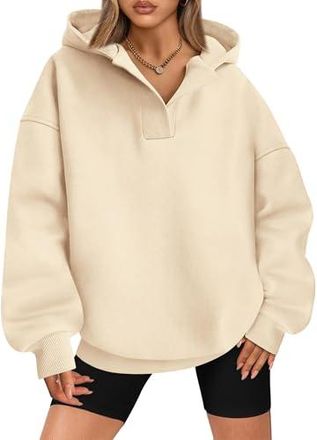 Generic Sweat à capuche surdimensionné à col en V pour femme, pull à manches longues en polaire Y2k, vêtements 2025, kaki, L