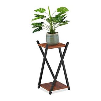 Relaxdays &Eacute;tag&egrave;re &agrave; Plantes, 2 Surfaces Effet Bois, Tabouret Moderne Fleur, HLP : 57x29x29 cm, Colonne, Noir-Brun fonc&eacute;