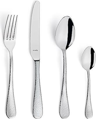 Amefa SIERRA Besteck Set 6 Personen | 24-teilig | Edelstahl 18/10 satiniert | gehämmerte Griffe | Essbesteck spülmaschinenfest | Besteckset 6 Personen | opt
