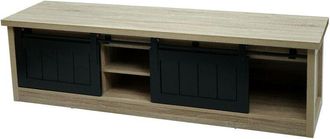 Hhg Meuble tv 132, Table de télévision, portes coulissantes, compartiments de rangement, aspect bois métal industriel 43x150x40cm, couleur naturelle