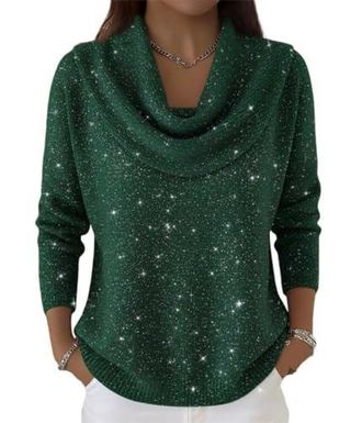 ORANDESIGNE Pull Paillettes Femme Chic et Elegant Col Cowl Soiree Haut &agrave; Sequins Pull de No&euml;l Scintillant A Vert 3XL