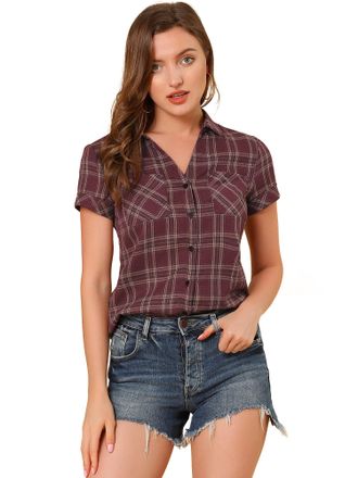 Allegra K Damen Kariertes Hemd Shirt Kariert Kurzarm Classic Oberteil mit Taschen Karo Bluse Burgund XL