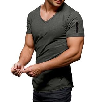 Generic T-shirt d&eacute;contract&eacute; pour homme avec col en V et fermeture &eacute;clair pour le quotidien, pour le printemps, l&eacute;t&eacute;, jeans d&eacute;contract&eacute;s, gris fonc&eacute;, 4XL