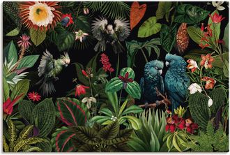 Artland Wanddeko Leinwand Bilder Wandbild 120x80 cm Tropischer Dschungel exotische Pflanzen Blumen Papagei Vintage U5HD