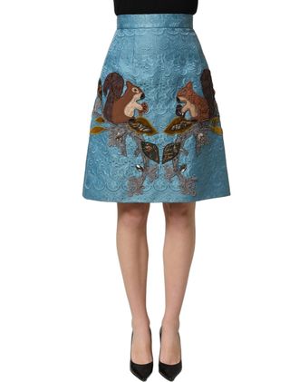 Dolce & Gabbana Womens Blue Jacquard Embroidered A-Line Skirt Cotton Polyester Silk