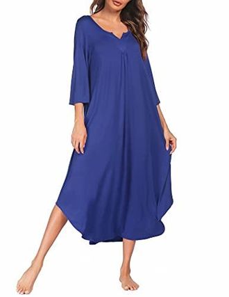 Ekouaer Chemise de Nuit Longue Femme Doux et Léger Vêtements de Nuit Surdimensionnée Robe 3/4 Manche Vêtement de Nuit Bleu XL