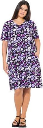 Ulla Popken Femme Grandes Tailles Robe en Jersey à Fleurs. Décolleté V et Manches Courtes. Coupe évasée Violet 50+ 840354824-50+