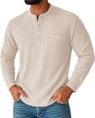 Generic Chemise Henley avec poches pour homme - T-shirt &agrave; manches longues - Coupe r&eacute;guli&egrave;re - Col rond - Avec bouton - T-shirt d&eacute;contract&eacute; et confortable - Po