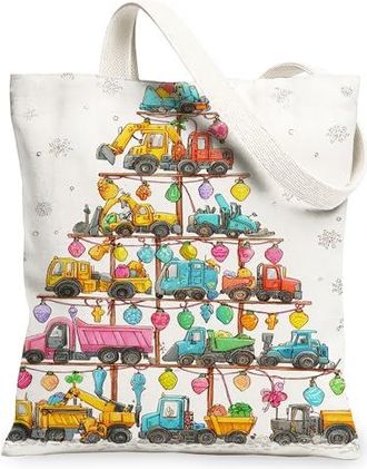 Generic Sacs fourre-tout en toile, motif camion amusant, sacs d&eacute;picerie r&eacute;utilisables, joyeux dhiver, l&eacute;gers et lavables, blanc, 13x15 Inch