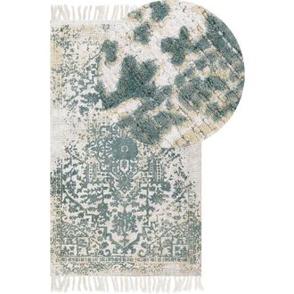 Beliani Teppich Beige u. Gr&uuml;n Viskose 80 x 150 cm Rechteckig Kurzflor mit Fransen Orientalisches Muster Rechteckig Wohnzimmer Schlafzimmer Flur