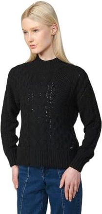 Koröshi Pull à manches longues et col rond avec jacquard tressé pour femme de couleur noire, de couleur noire, Noir, M