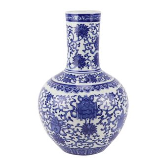 Ori&euml;ntique Chinesische Vase Porzellan Blau Wei&szlig; Lotus D22xH34cm China Dekorative Blumenvase Orientalische