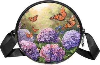 Generic Sac &agrave; bandouli&egrave;re rond pour femme, motif fleurs et papillons, petit sac &agrave; bandouli&egrave;re avec fermeture &eacute;clair, bretelles r&eacute;glables, sac &agrave; main rond d&eacute;co