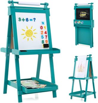 Costway Costway - Chevalet Pliable pour Enfants, Double Face avec Tableau Noir et Tableau Blanc Magnétique, Rouleau de Papier Remplaçable, 3 Gobelets, Blanc