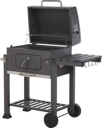 Beliani Beliani - Gril &agrave; charbon de bois mobile avec couvercle et thermom&egrave;tre - Grille principale large - Roulettes pour d&eacute;placement facile - Acier gris
