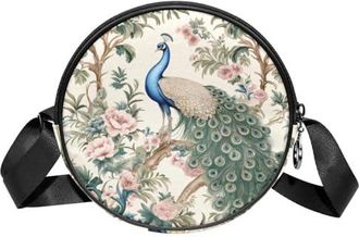 Generic Petit sac &agrave; bandouli&egrave;re rond pour femme, motif floral paon avec fermeture &eacute;clair, bretelles r&eacute;glables, sac &agrave; main rond d&eacute;contract&eacute; pour femmes et fill
