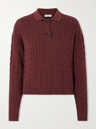 Brunello Cucinelli Zopfstrickpullover Aus Einer Baumwollmischung Mit Pailletten - Burgunder
