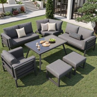 STILVORA Salon de Jardin avec 3 Canap&eacute;s, 2 Fauteuils, 2 Poufs et 1 Table Basse en Verre, pour 8 personnes, Fer, Gris