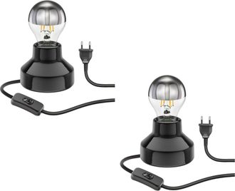 LEDs Com 2 Stück E27 Porzellan Tischlampe TIX, rund mit Stecker und Schalter, schwarz, 90mm inkl. E27 Lampe 461lm warmweiß
