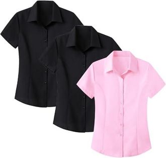Generic Lot de 3 chemisiers &agrave; manches courtes pour femme - D&eacute;contract&eacute; - Coupe droite - Col en V - Boutonn&eacute; - Couleur unie - D&eacute;contract&eacute; - Basique - Chemise d