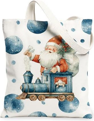 Generic Sacs fourre-tout fantaisistes en toile, motif charmant train du P&egrave;re No&euml;l, sacs d&eacute;picerie r&eacute;utilisables, confortables, festifs, l&eacute;gers, lavables en to