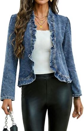 Generic Veste en jean &eacute;l&eacute;gante &agrave; volants pour femme - Sans col - Printemps - Mode d&eacute;contract&eacute;e, bleu, XL