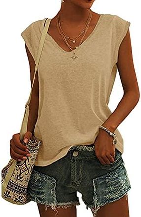 ORANDESIGNE Femmes T-Shirts sans Manche Col en V Débardeur T-Shirts Dété Lâches Hauts Tuniques De Base Tee Shirt Décontractée Sport Couleur Unie Tunique A Kaki XL