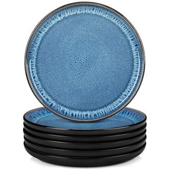 VANCASSO S&eacute;rie PLAYA Lot de 6 Assiettes Plates en Gr&egrave;s 26 cm - Va au Micro-Ondes, Four et Lave-Vaisselle - Bleu &Eacute;maill&eacute;, Design &Eacute;l&eacute;gant et R&eacute;sistant
