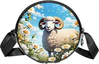 Generic Sac &agrave; bandouli&egrave;re rond pour femme, motif fleur de mouton, petit sac &agrave; bandouli&egrave;re avec fermeture &eacute;clair, bretelles r&eacute;glables, sac &agrave; main rond d&eacute;contra