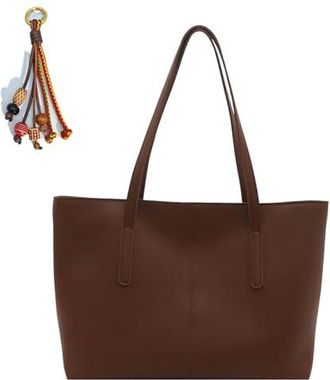 Generic Grand sac fourre-tout vintage pour femme, sac &agrave; bandouli&egrave;re en cuir v&eacute;g&eacute;talien, sac &agrave; main l&eacute;ger et d&eacute;contract&eacute; avec pendentif chic pour l&eacute;cole, le tr