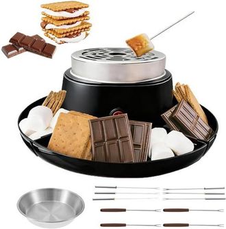 Generic 2-en-1 Smores & Fondue au Chocolat Set, R&ocirc;tisseur &agrave; Guimauve &Eacute;lectrique Sans Flamme avec 4 Plateaux, 10 Fourchettes, Temp&eacute;rature R&eacute;glable, Kit de F&ecirc;te