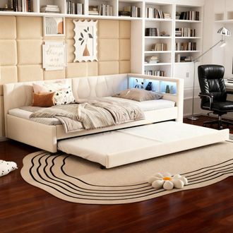 Generic Canap&eacute; beleuchtetes Design 90x200 Stoff in Beige - ausziehbare Hardware, elektrischer LED-Fernseher, Ladeanschl&uuml;sse und integrierte Reichweite