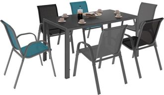 IDMarket Salon de jardin MADRID table 150 CM et 6 chaises empilables mix color gris, noir et bleu