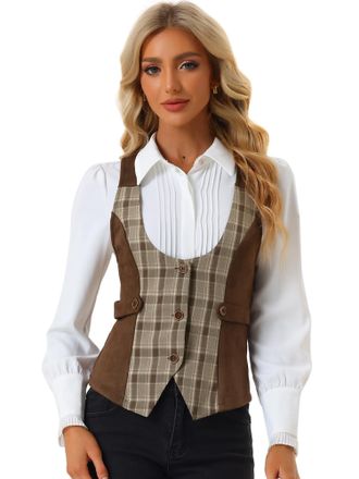 Allegra K Damen &Auml;rmellos Vintage Weste Plaid Knopfleiste Elegant Kariert Westen Braun M