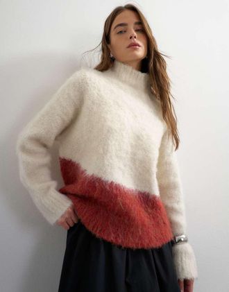 Topshop gestrickter Oversize-Pullover mit hohem Kragen und abstraktem Print in neutral