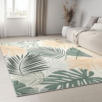 Generic Tapis R&eacute;sum&eacute; Lignes Feuilles Impression Salon, Tapis 80 x 150 cm Chambre Moderne Doux, Vert Cr&egrave;me Tapis Poils Ras Antid&eacute;rapant pour Salon Chambre Bure